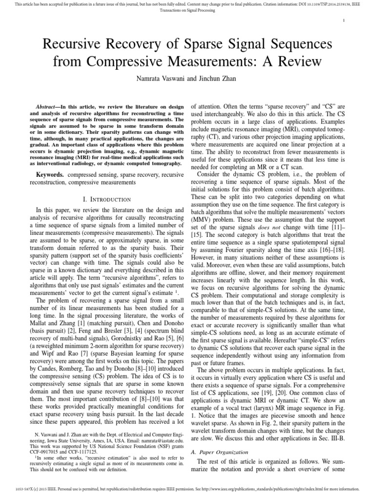 Recursive Recovery of Sparse Signal Sequences From Compressive Measurements: A Review | PDF ...
