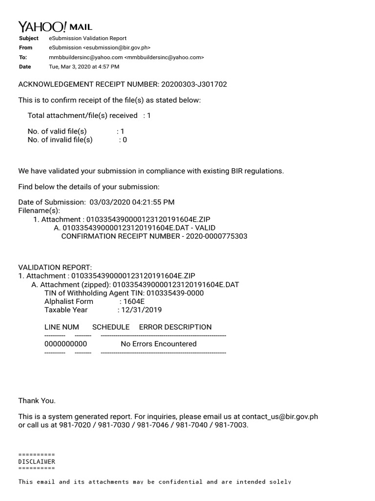 Yahoo Mail Document - Esubmission Validation Report | PDF