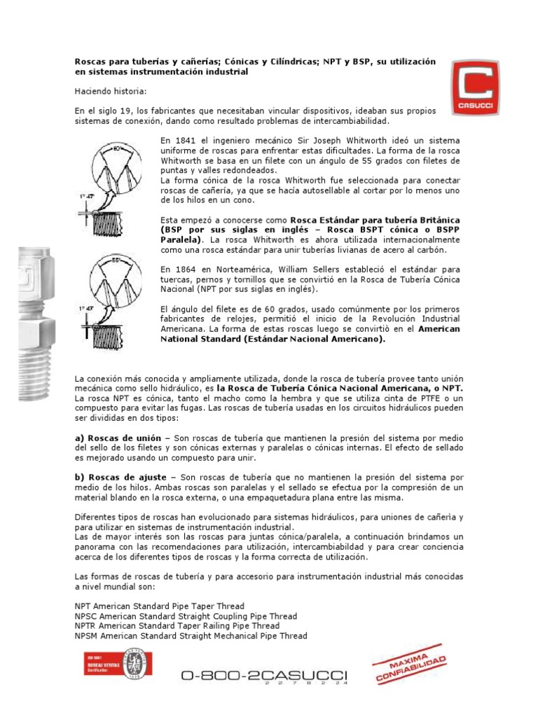 Roscas BSP y NPT Utilizacion | PDF | Pulgada | Tubería (transporte de ...