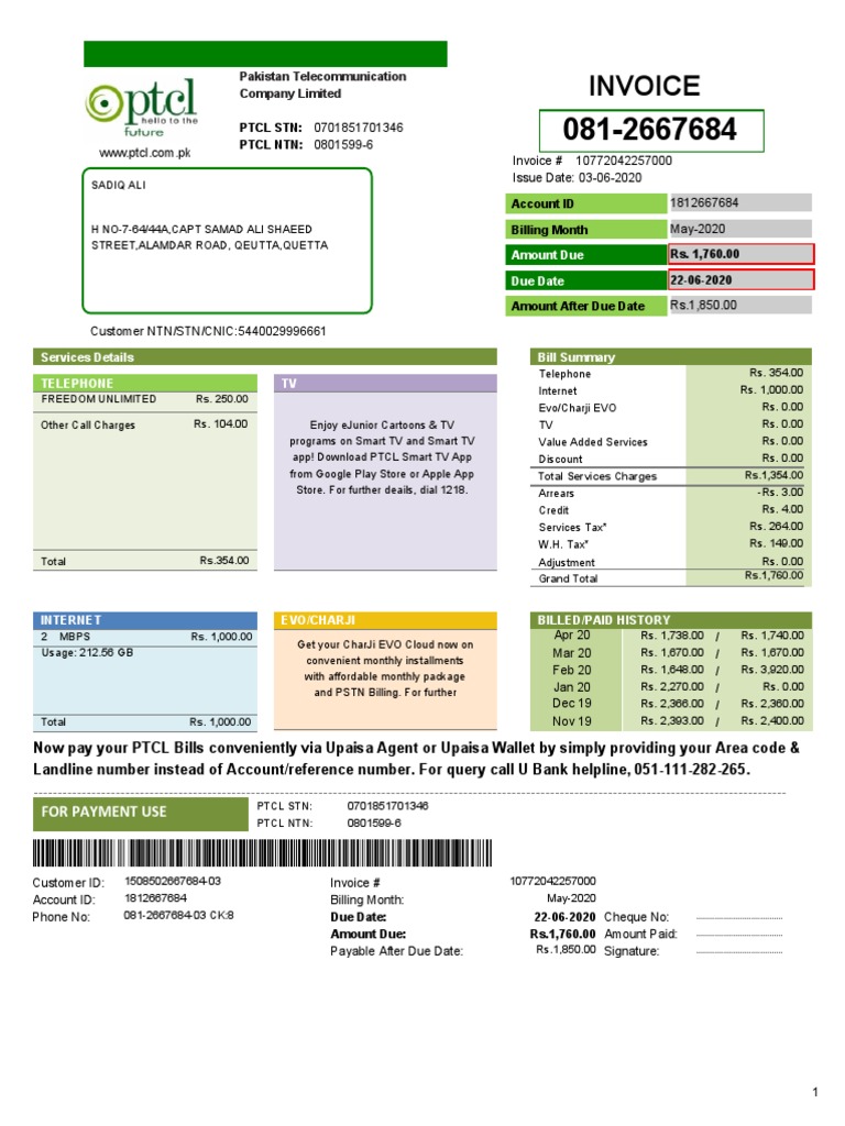 PTCL Invoice for Telecommunication Services Provided to Sadiq Ali in ...