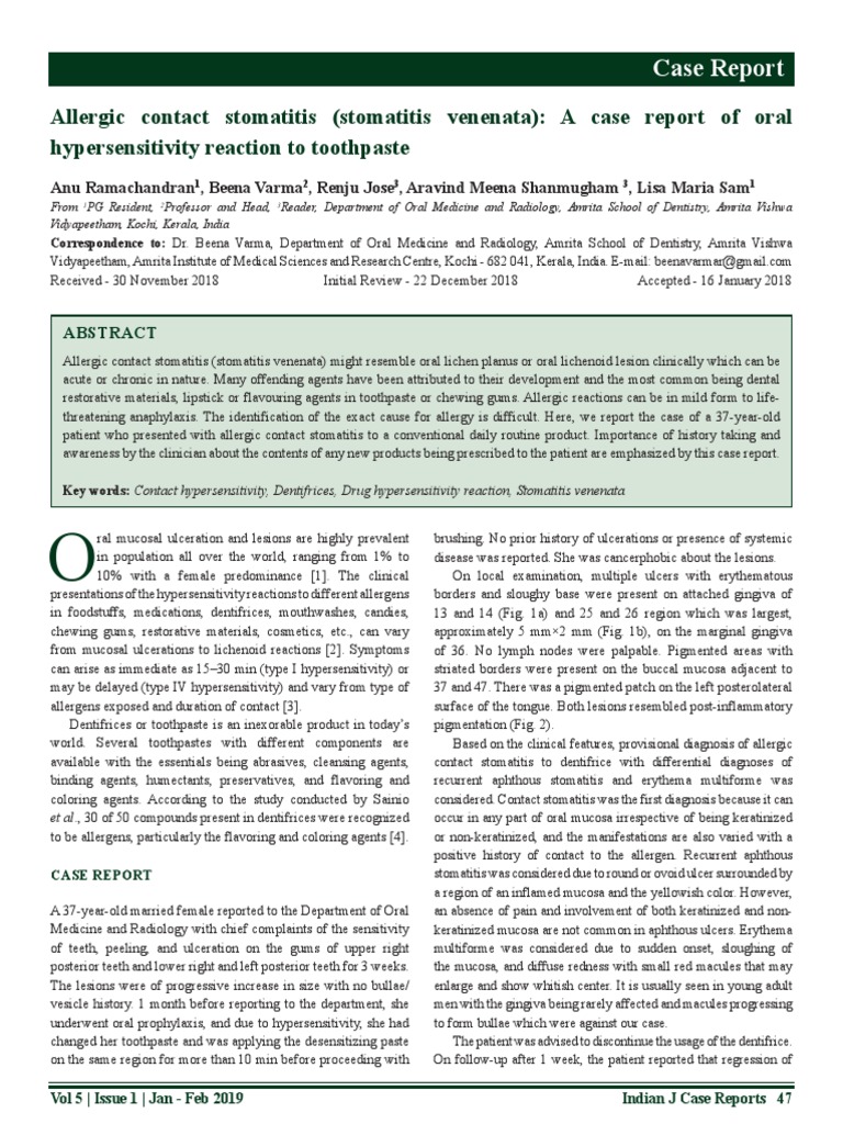 Stomatitis Allergy Toothpaste | PDF | Allergy | Cutaneous Conditions
