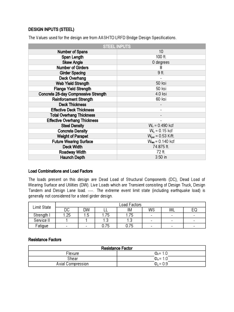 Steel Design Inputs for Bridge Specifications | PDF | Structural Load ...