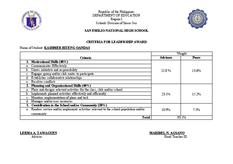 Leadership Award Criteria for Students | PDF