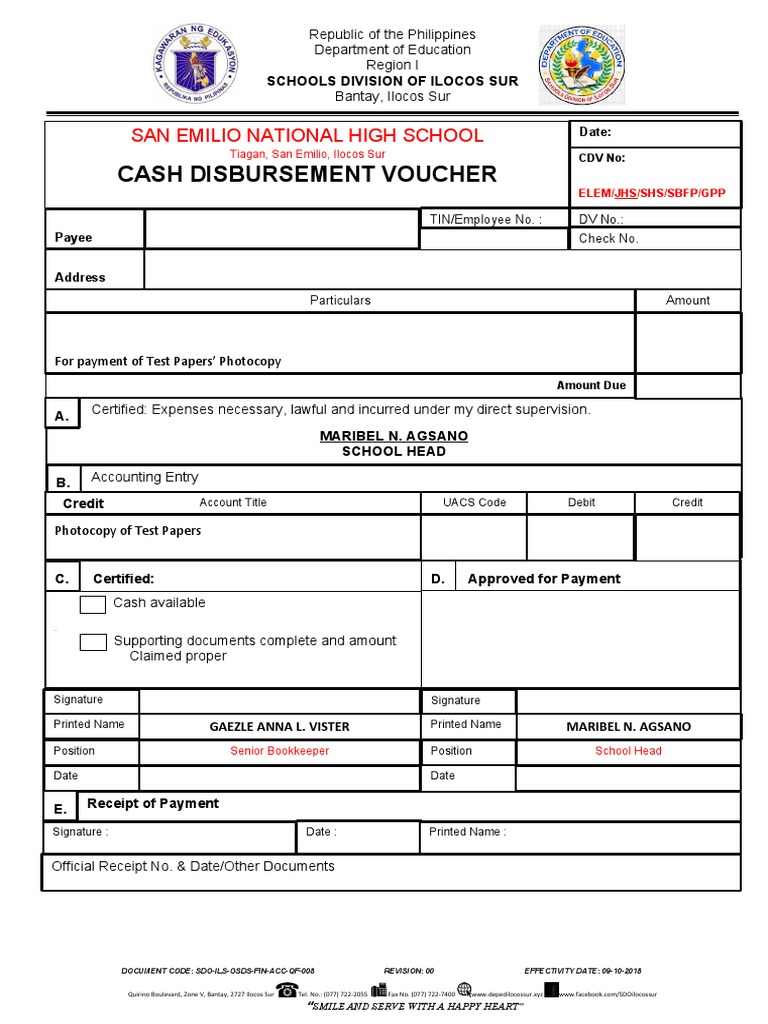 Cash Disbursement Voucher: San Emilio National High School | PDF ...