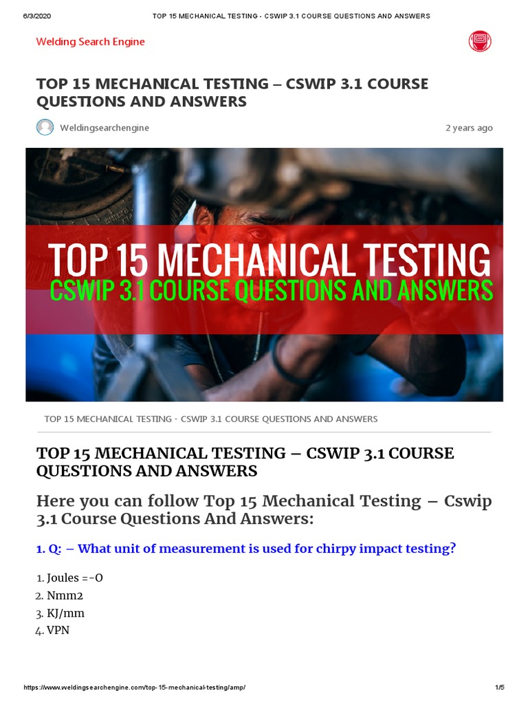 Top 15 Mechanical Testing - Cswip 3.1 Course Questions and Answers ...