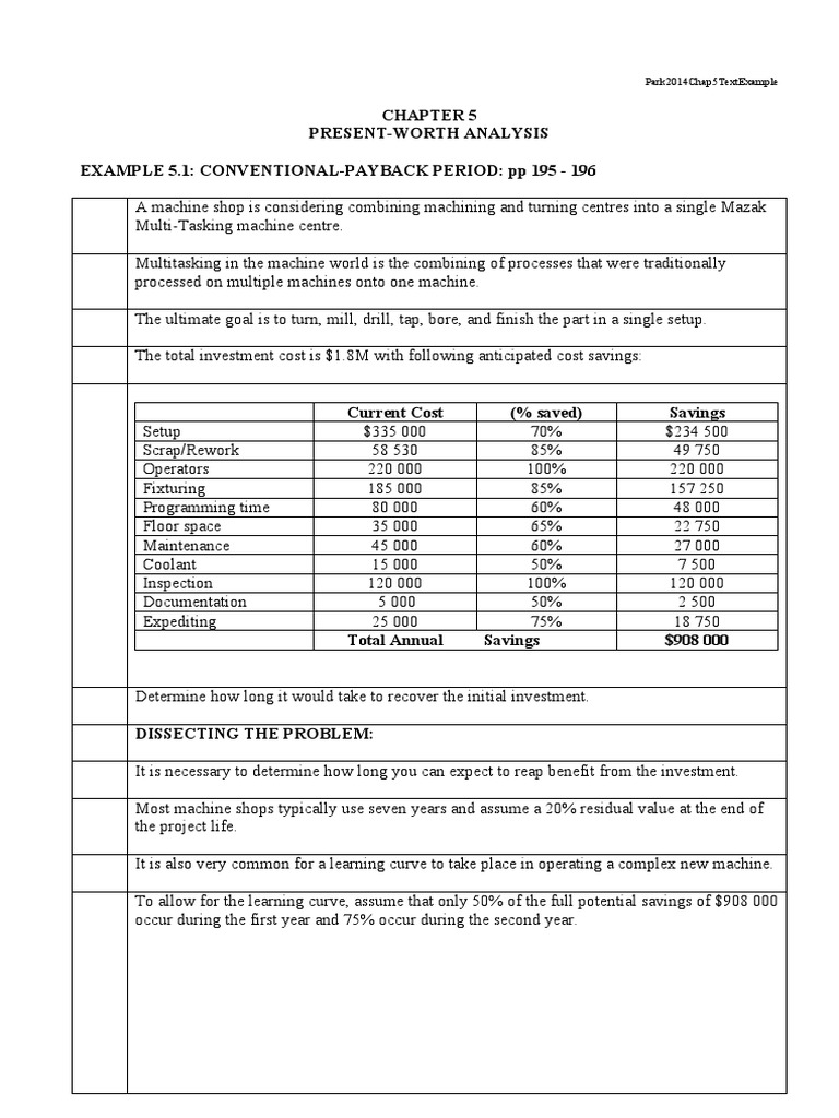 Present-Worth Analysis Example 5.1: Conventional-Payback Period: PP 195 ...
