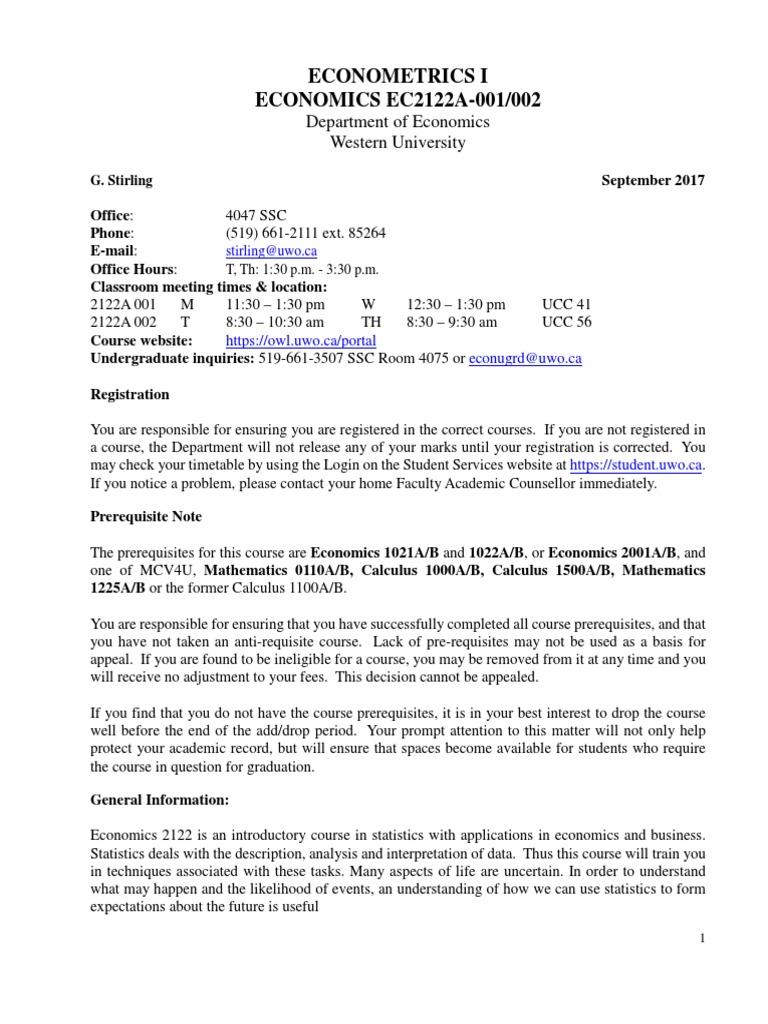 Introduction to Econometrics I: Syllabus and Course Outline | PDF ...