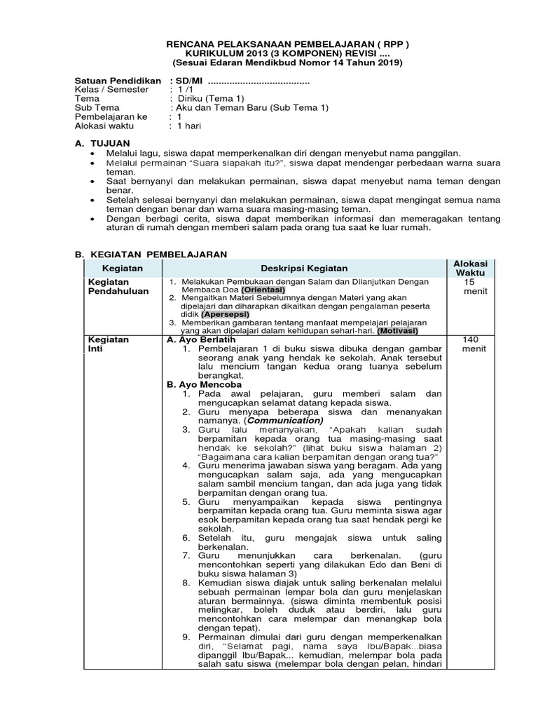 RPP 1 Lembar Kelas 1 Semester 1 Dan 2 Revisi Terbaru | PDF