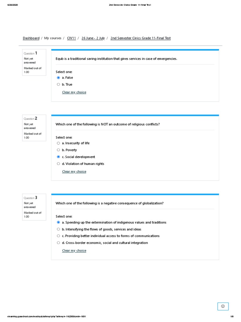 Grade 11 Civics Final Test Questions | PDF | Globalization | Citizenship