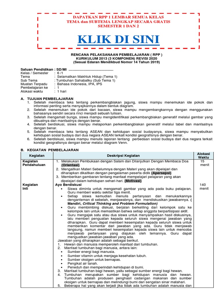 RPP 1 Lembar Kelas 6 Semester 1 Dan 2 Revisi Terbaru | PDF