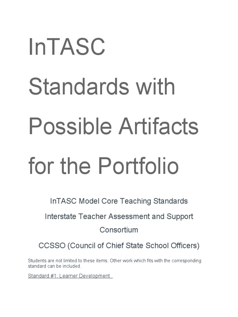 Intasc Standards With Possible Artifacts For The Portfolio 1 | PDF ...