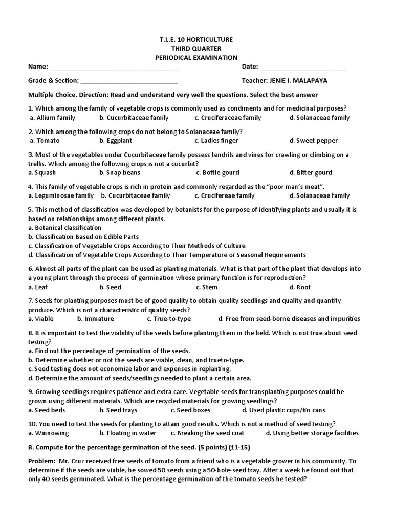 Tle - 10 3RD - Q Periodical Exam 2019 Horticulture New 26-30 | PDF ...