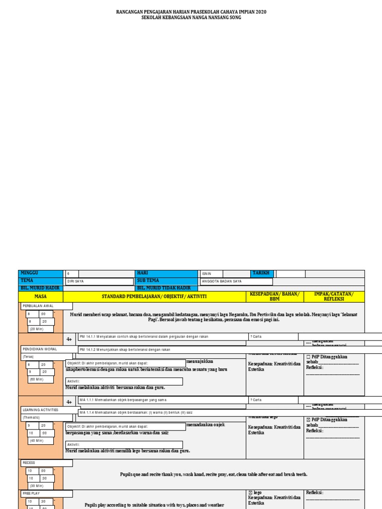 Rancangan Pengajaran Harian Prasekolah Cahaya Impian 2020 | PDF