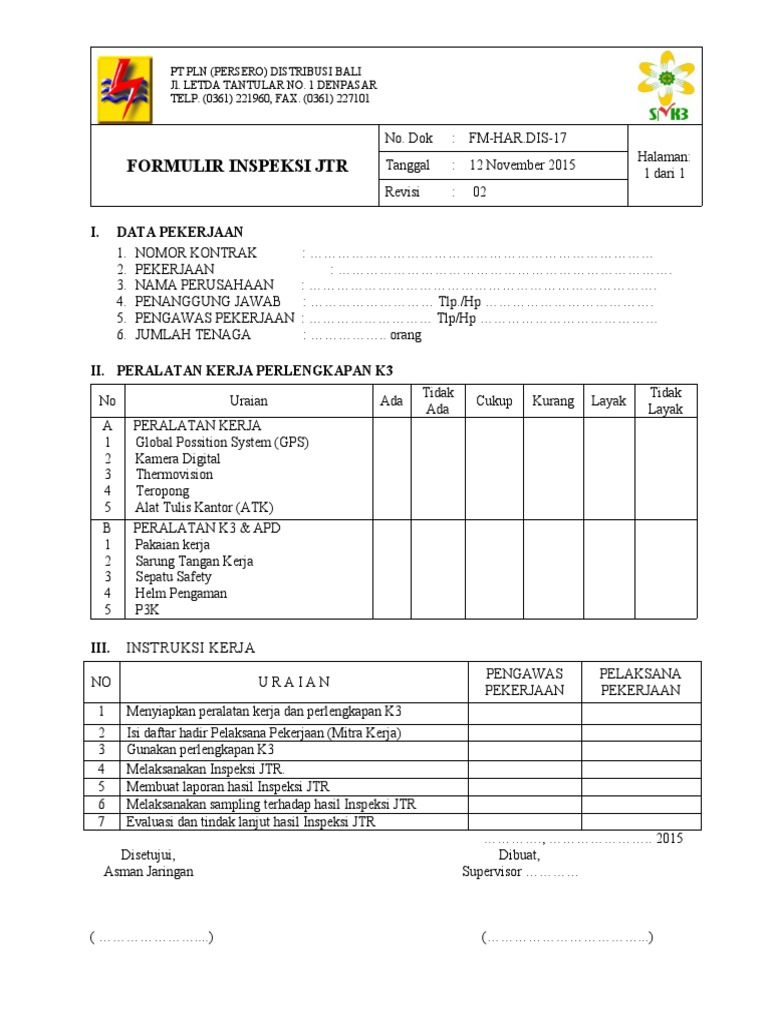 Form Pelaksanaan INSPEKSI JTR | PDF