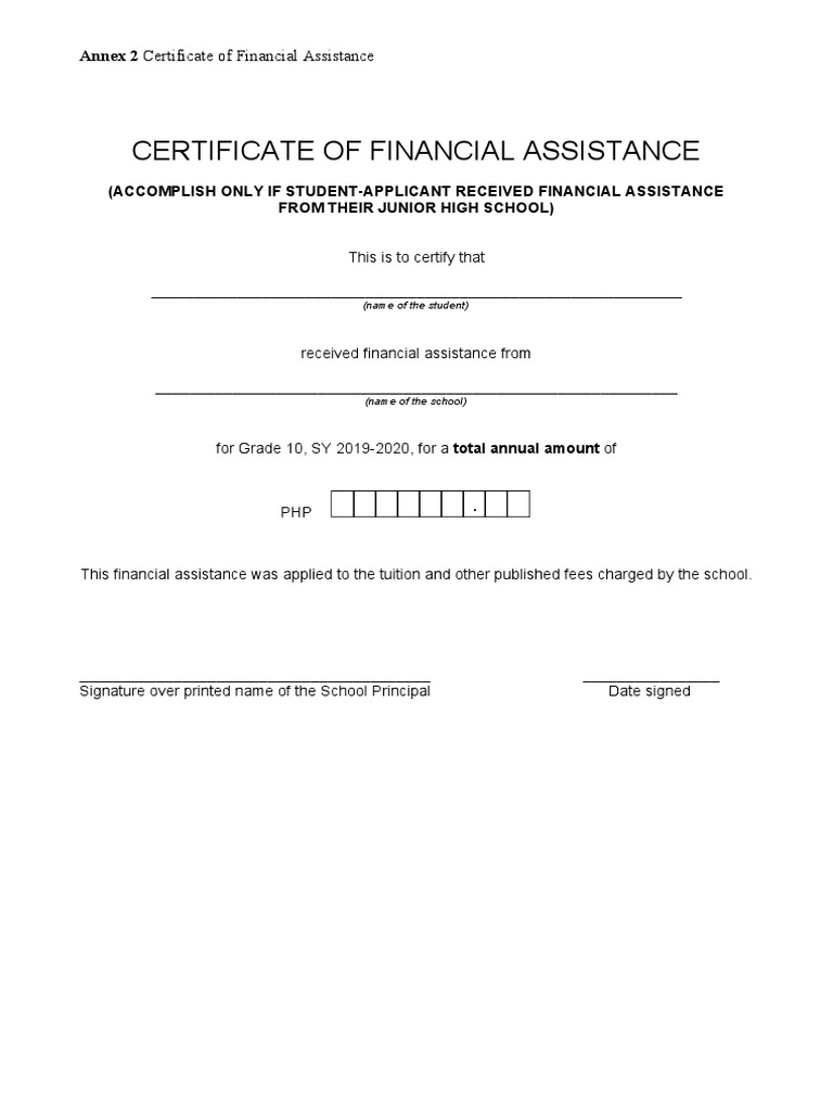 Annex 2 Certificate of Financial Assistance | PDF