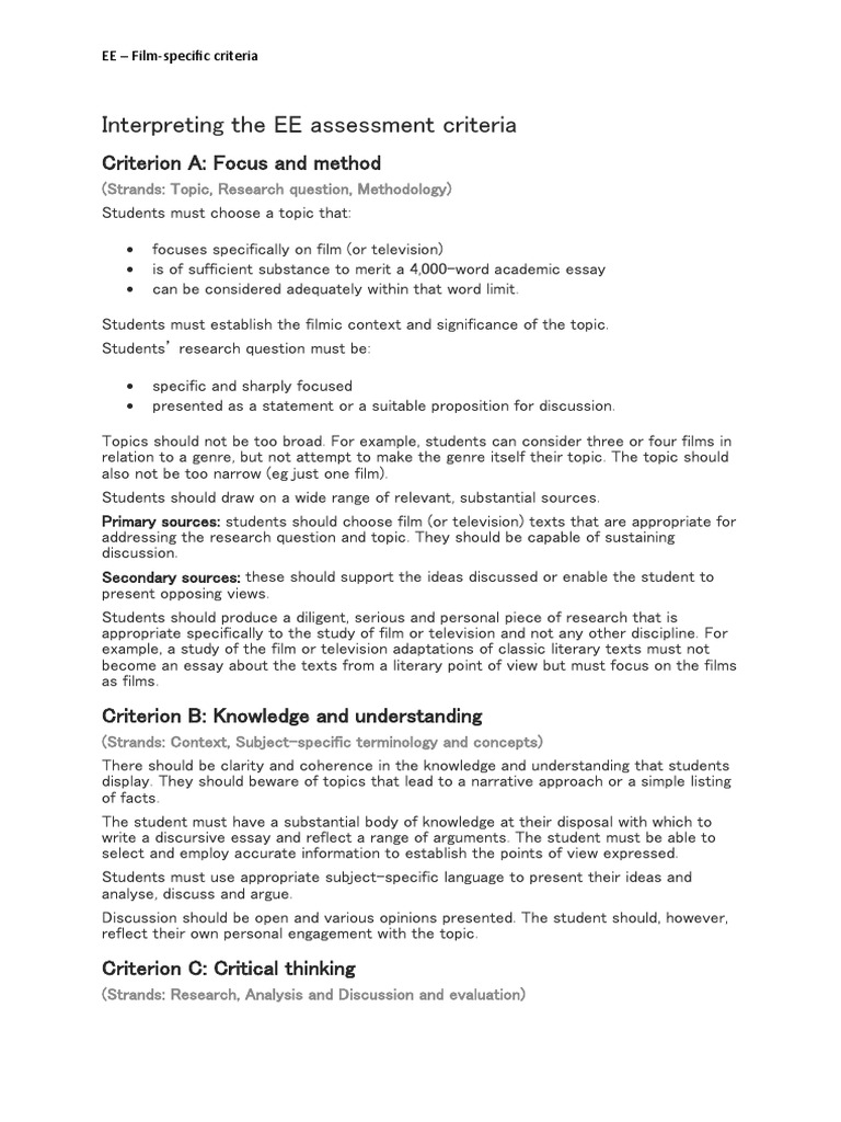 Analyzing the Assessment Criteria for Film Extended Essays: Focus ...