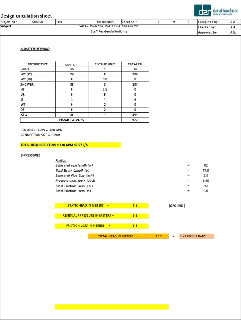 Design Calculation Sheet: A-Water Demand | PDF | Fluid Mechanics | Plumbing