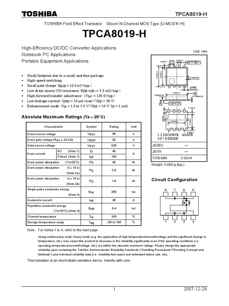 TPCA8019-H: High-Efficiency DC/DC Converter Applications Notebook PC ...