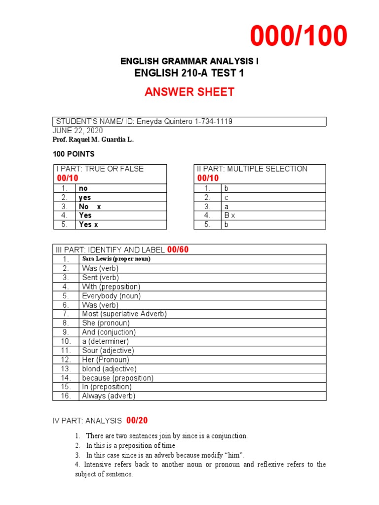 Answer Sheet: English 210-A Test 1 | PDF