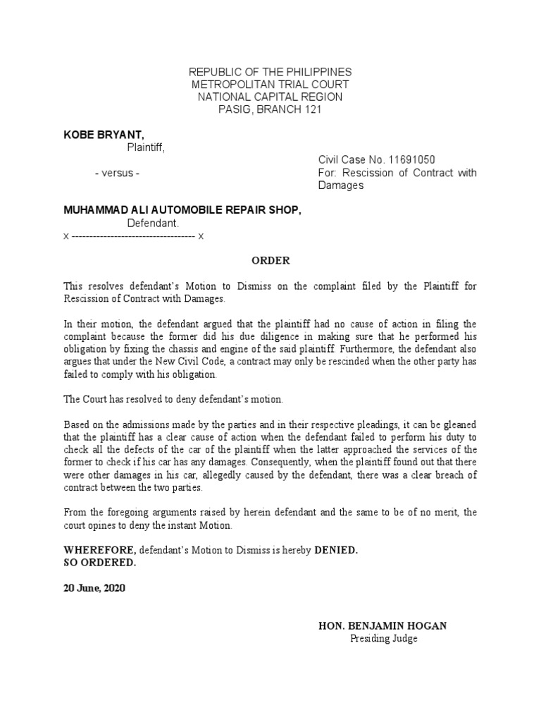 Order Denying Motion To Dismiss | PDF