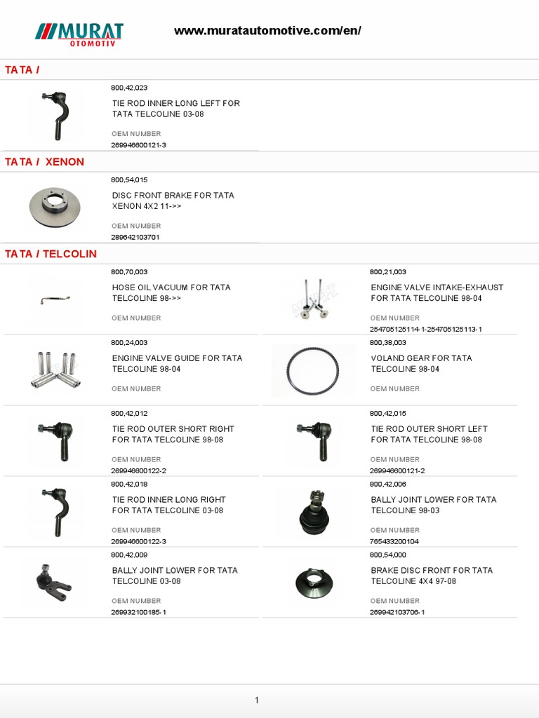 Catalog Listing of Automotive Parts for Various Tata Vehicle Models ...
