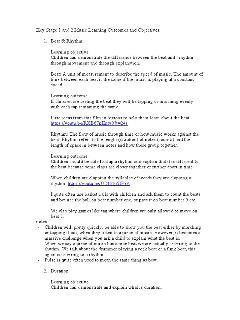 KS1 & KS2 Music Learning Objectives | PDF | Rhythm | Musical Notation