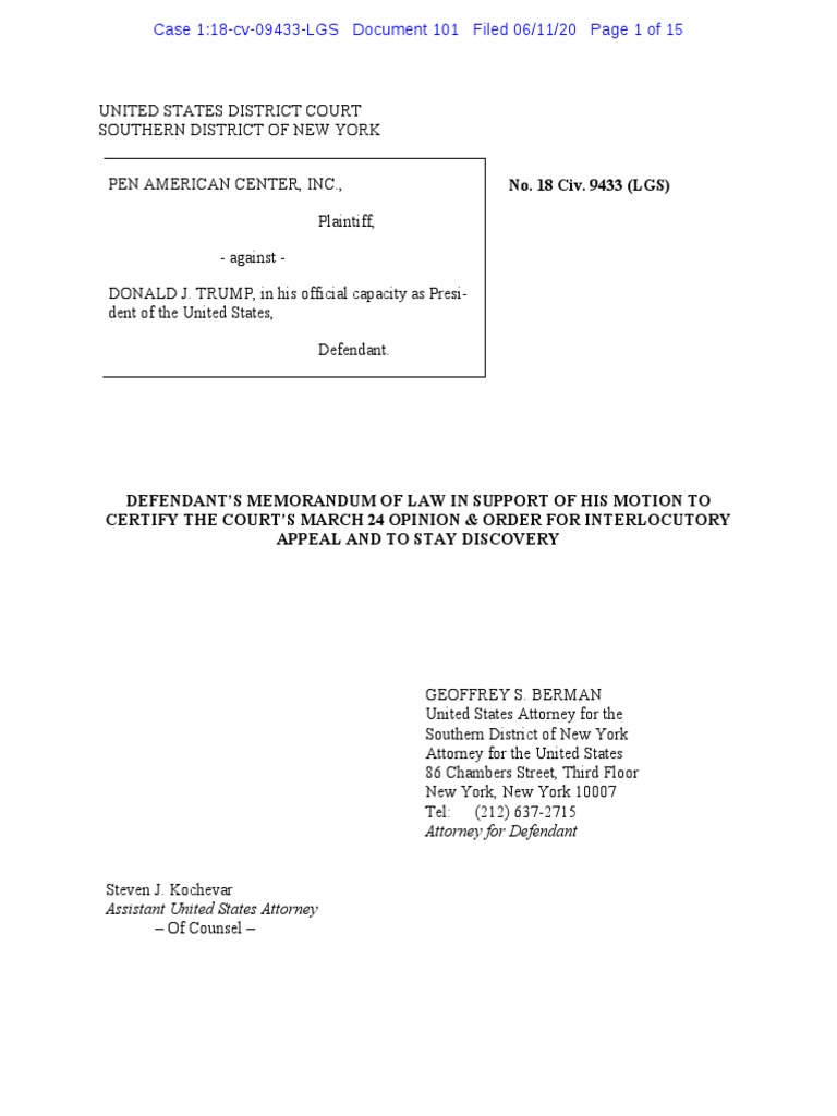 Defendant's Memorandum of Law in Support of Motion To Certify The Court ...