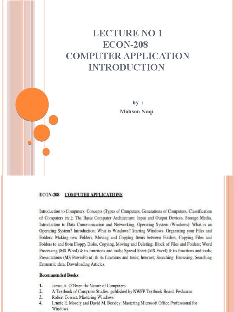 Lecture No 1 ECON-208 Computer Application: By: Mohsan Naqi | PDF