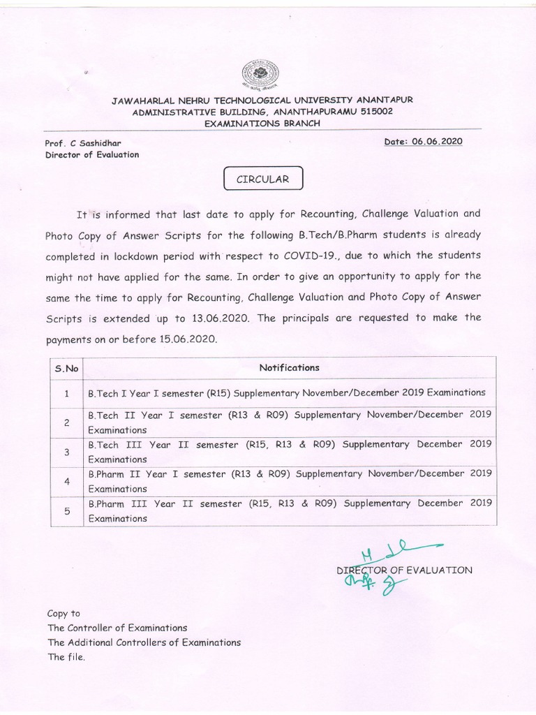 B.Tech B.Pharm RC CV PCA Notification Extended Circular | PDF