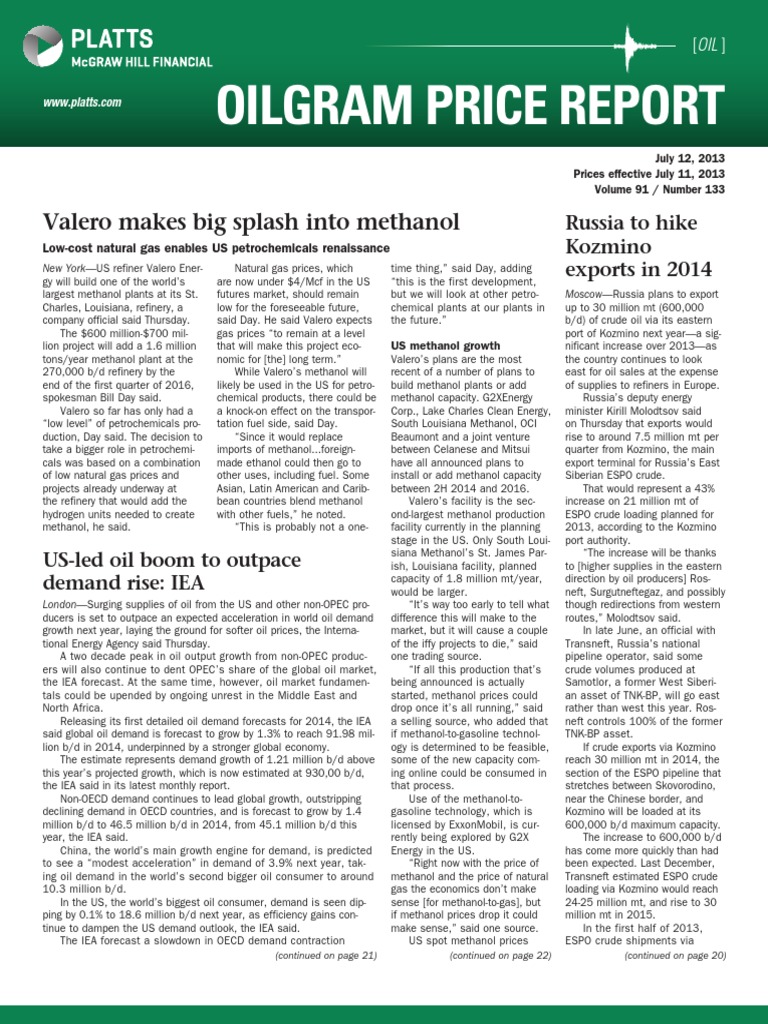 Oilgram Price Report: Valero Makes Big Splash Into Methanol | PDF ...