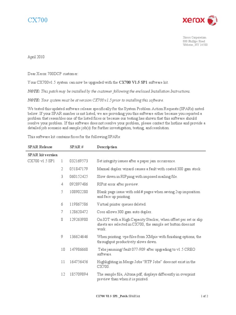 CX700 V1.5 SP1 SPAR Kit Letter | PDF | Computer Architecture | Software