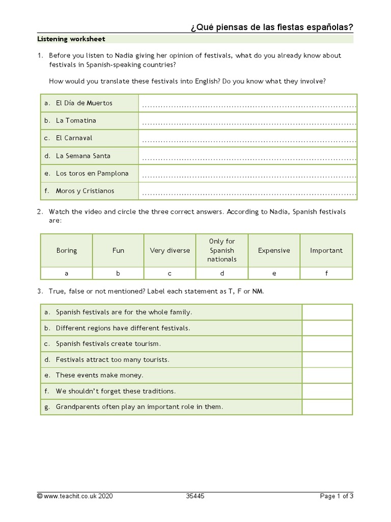 ¿Qué Piensas de Las Fiestas Españolas?: Listening Worksheet | PDF