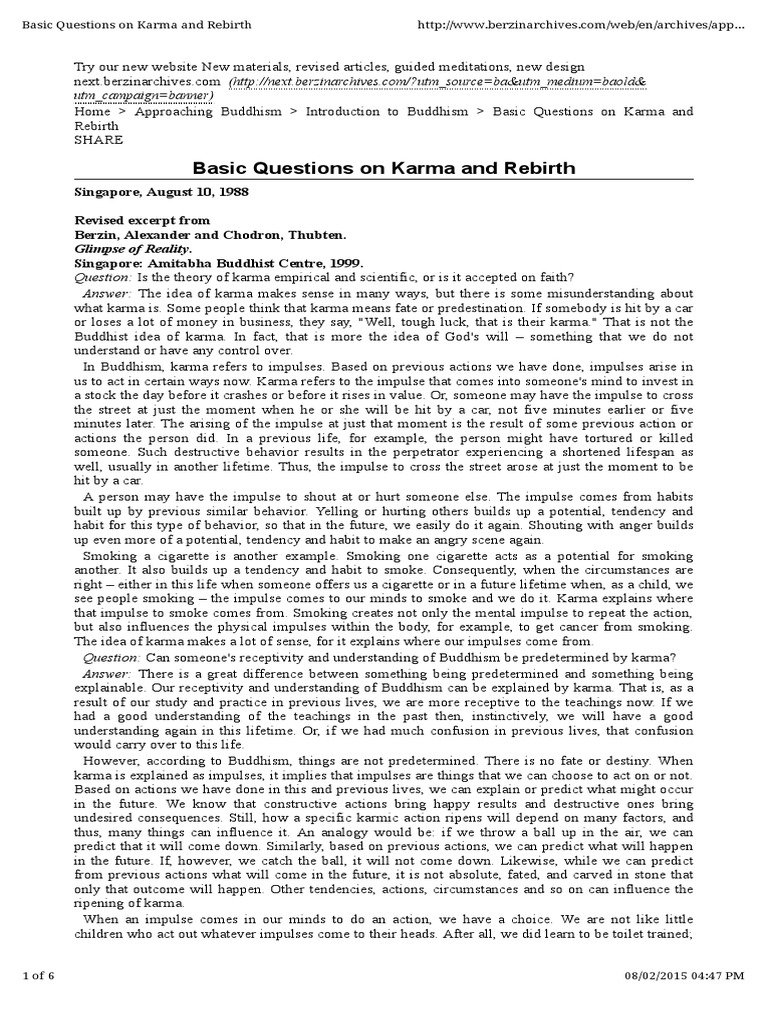 Basic Questions On Karma and Rebirth | PDF | Karma | Reincarnation
