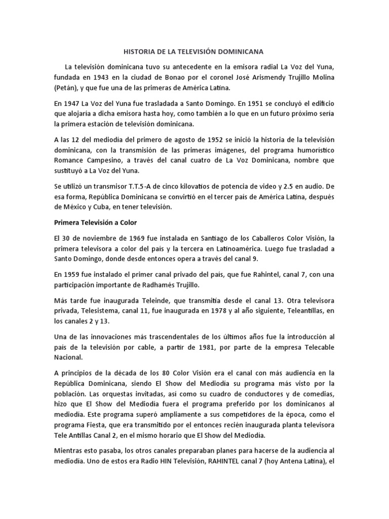 HISTORIA DE LA TELEVISIÓN DOMINICANA Natanael Ortiz 18-mcss-1-076 | PDF ...