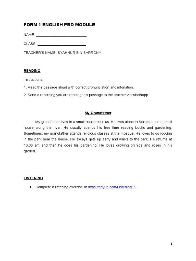Form 1 English PBD Module: Reading | PDF