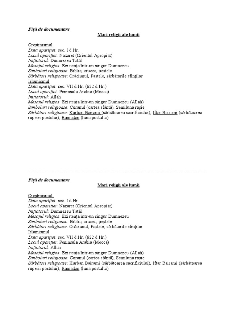 Fisa de Documentare Mari Religii Ale Lumii | PDF