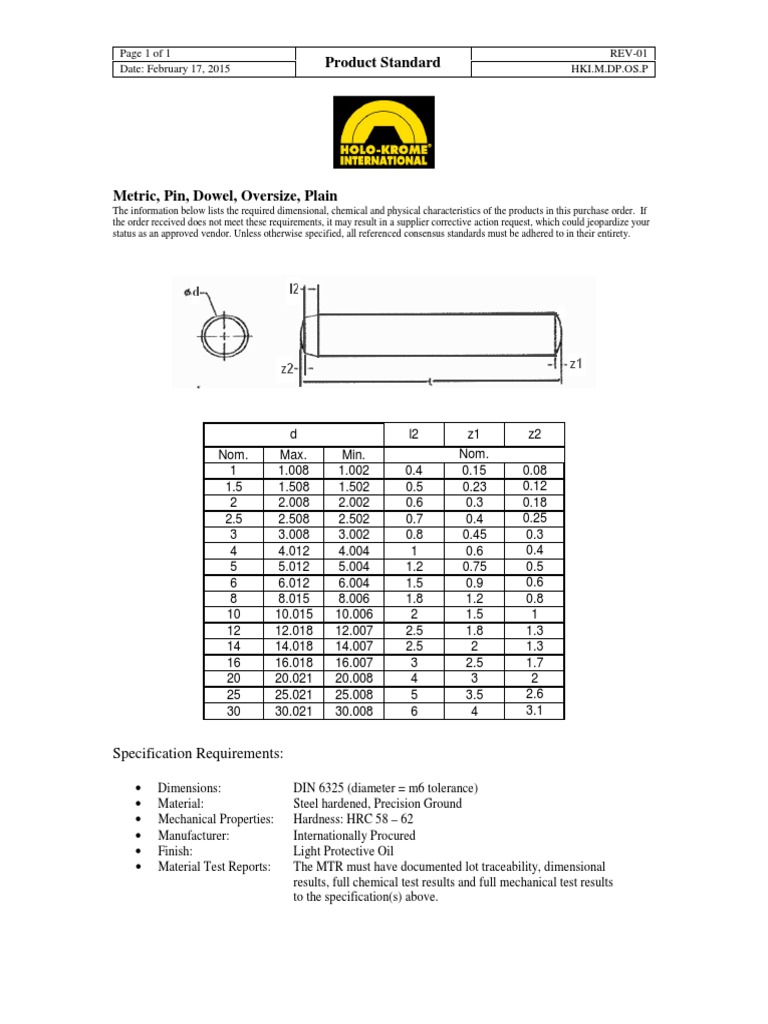Din 6325, Metric, Pin, Dowel, Oversize, Plain | PDF | Specification (Technical Standard)