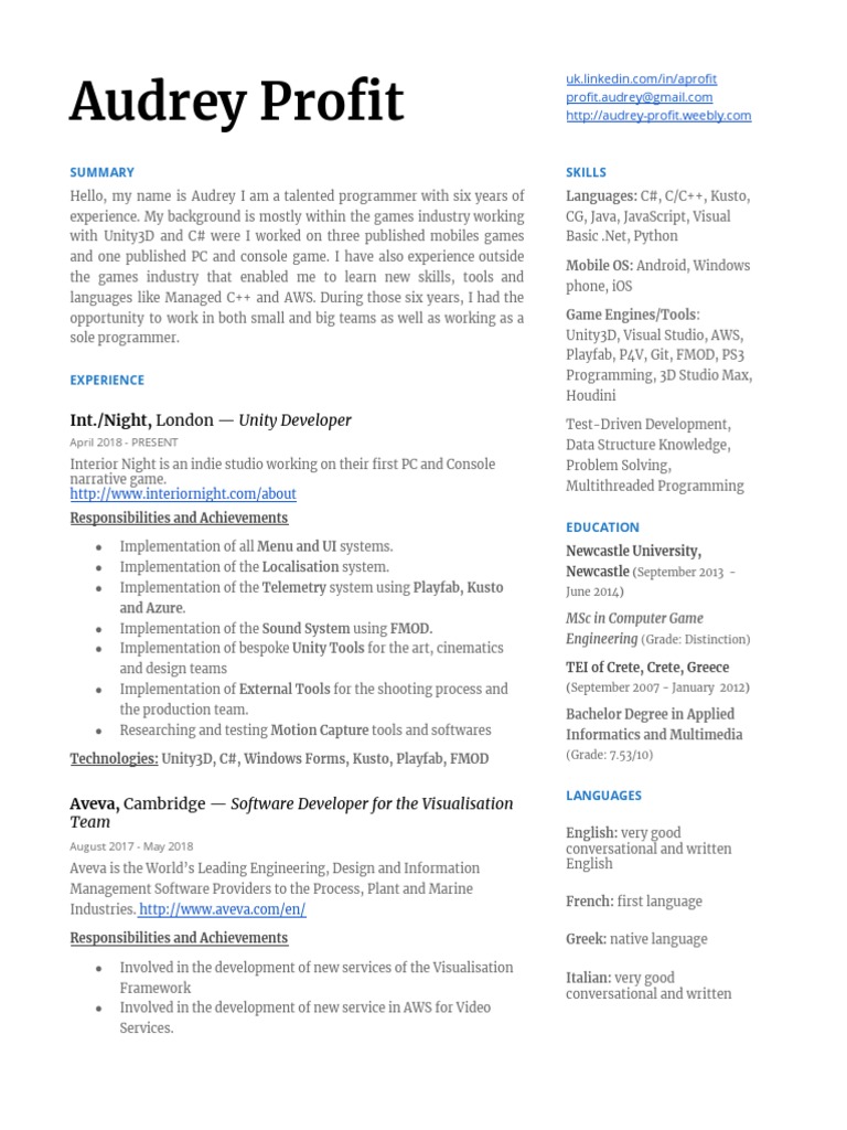 Audrey Profit CV | PDF | Programmer | Unity (Game Engine)