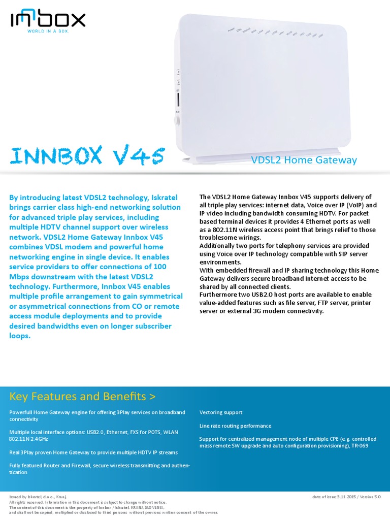 Innbox V45: Key Features and Benefits | PDF | Wireless Lan | Voice Over Ip