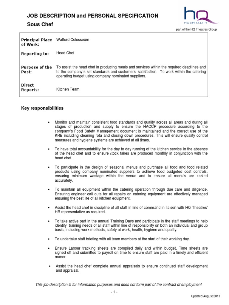 Job Description and Personal Specification Sous Chef: Key ...