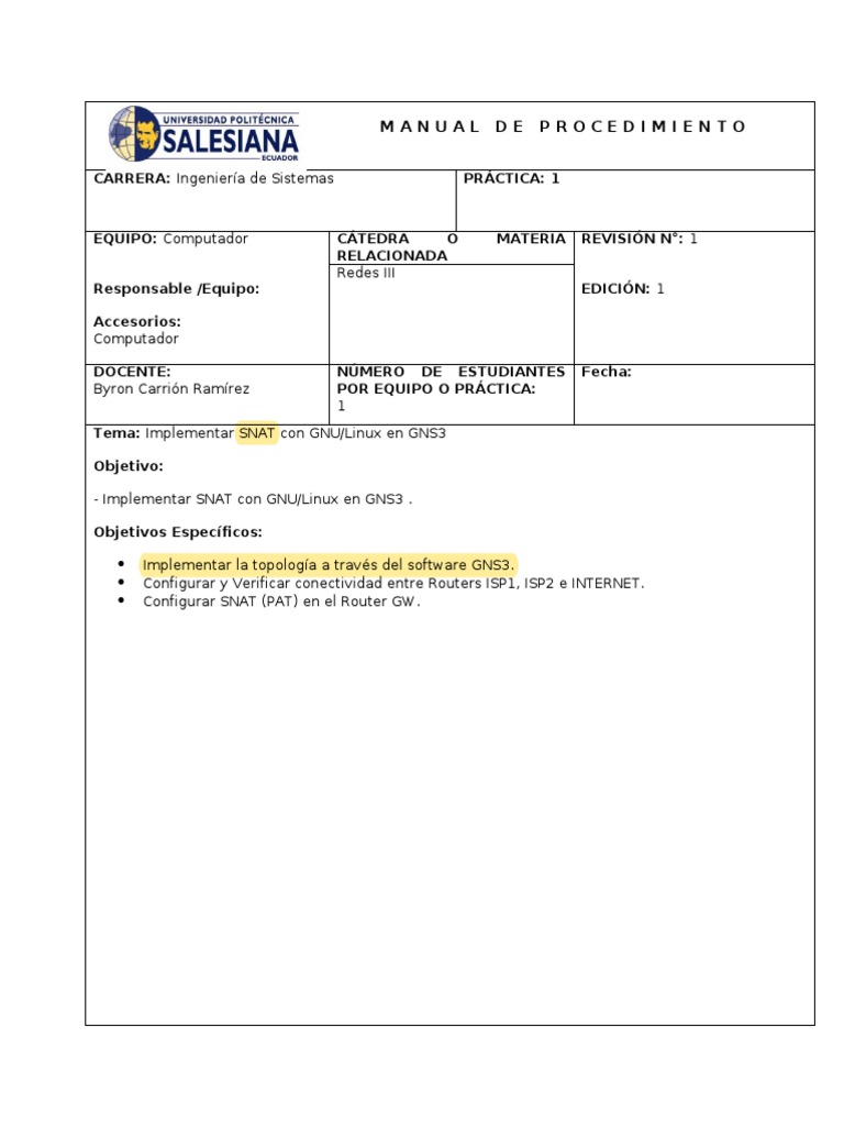 Implementing SNAT with GNU/Linux in GNS3: A Step-by-Step Configuration Guide | PDF