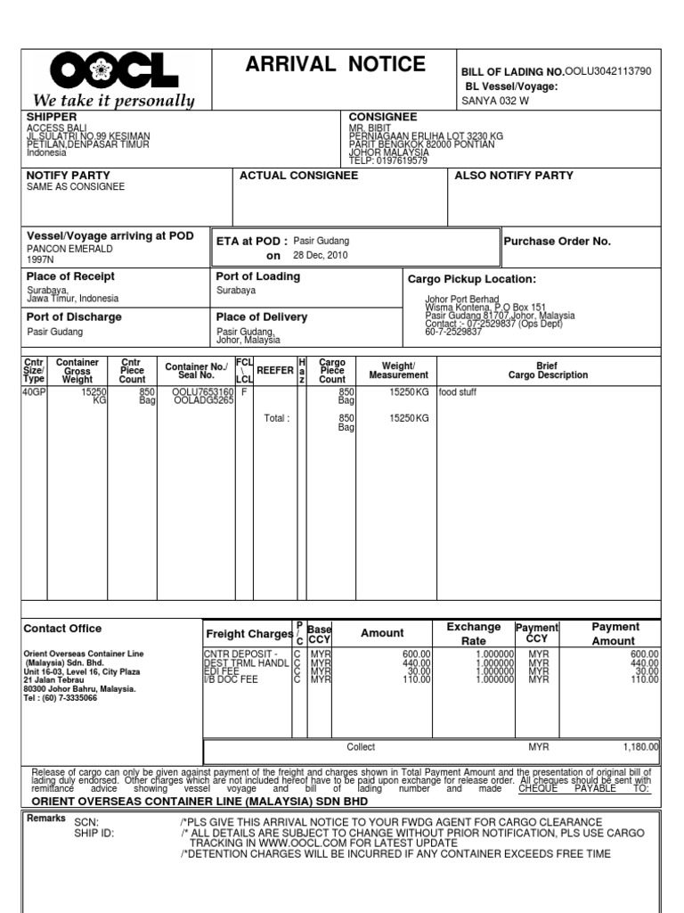 Arrival Notice for Cargo Shipment | PDF