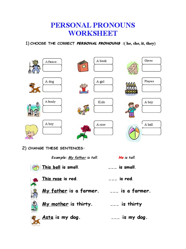 Personal Pronouns Worksheet:: (He, She, It, They) | PDF