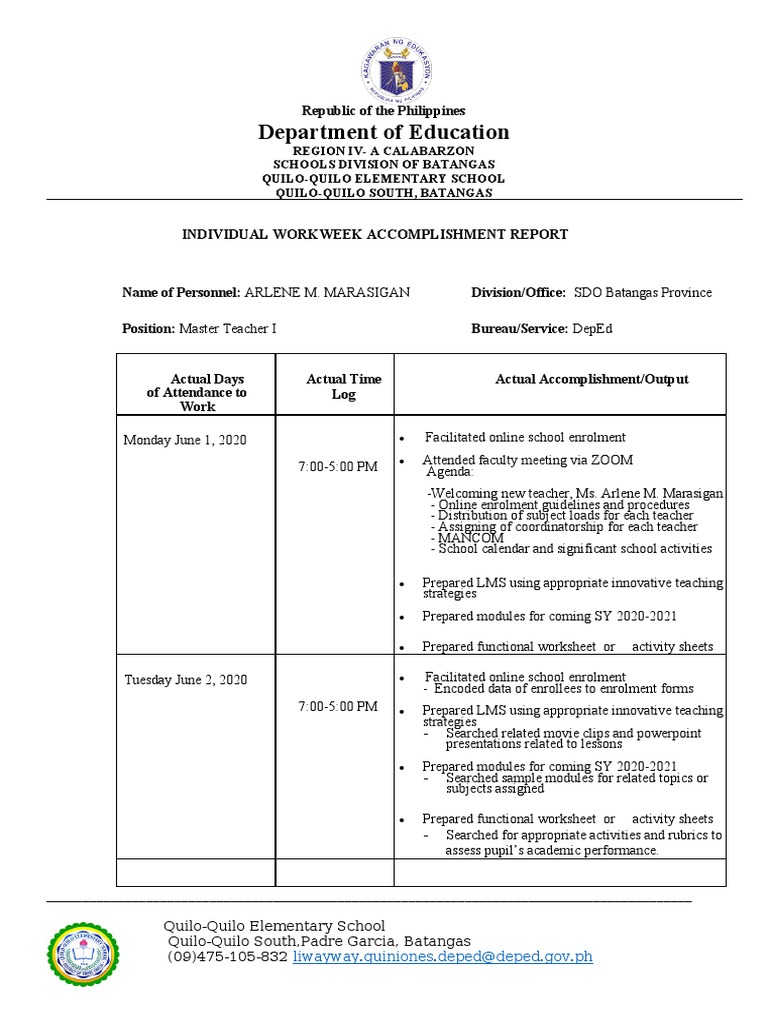 AMM INDIVIDUAL WORKWEEK ACCOMPLISHMENT REPORT June 1-3 | Download Free ...