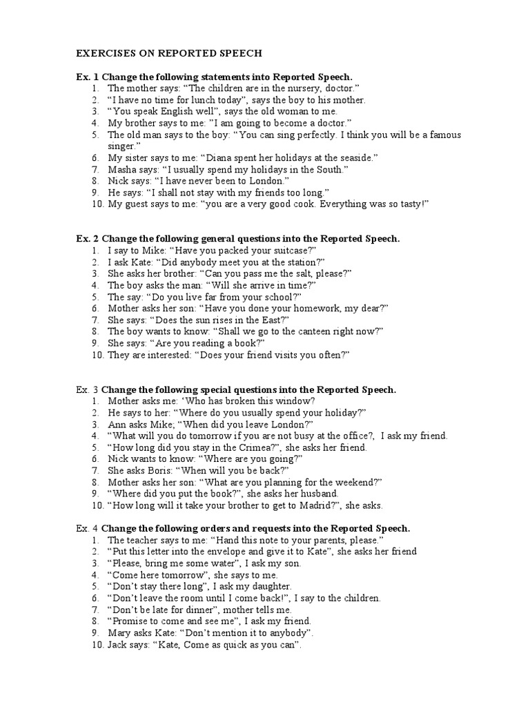 Exercises On Reported Speech Ex. 1 Change The Following Statements Into ...