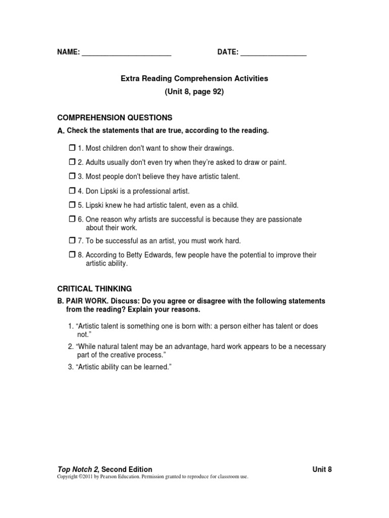 Extra Reading Comprehension Activities (Unit 8, Page 92) : Top Notch 2 ...