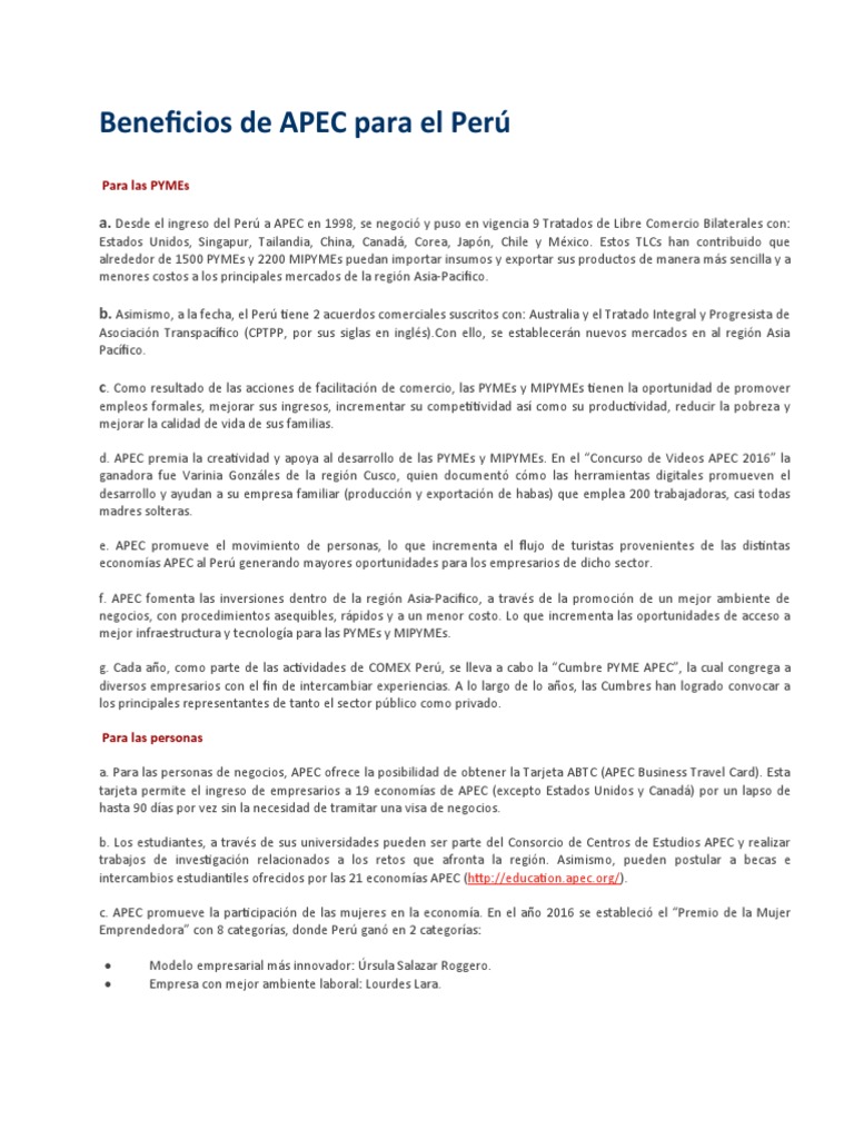 Beneficios de APEC para El Perú | PDF | Pequeñas y medianas empresas | Cooperacion economica ...