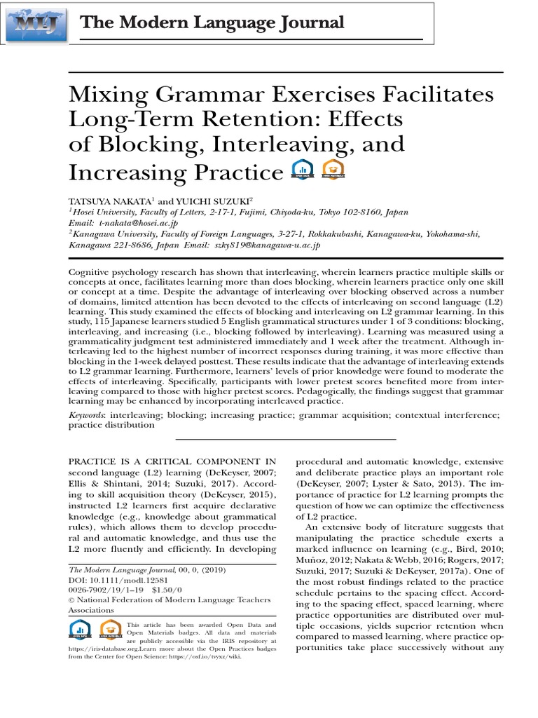 Mixing Grammar Exercises Facilitates Long-Term Retention: Effects of ...