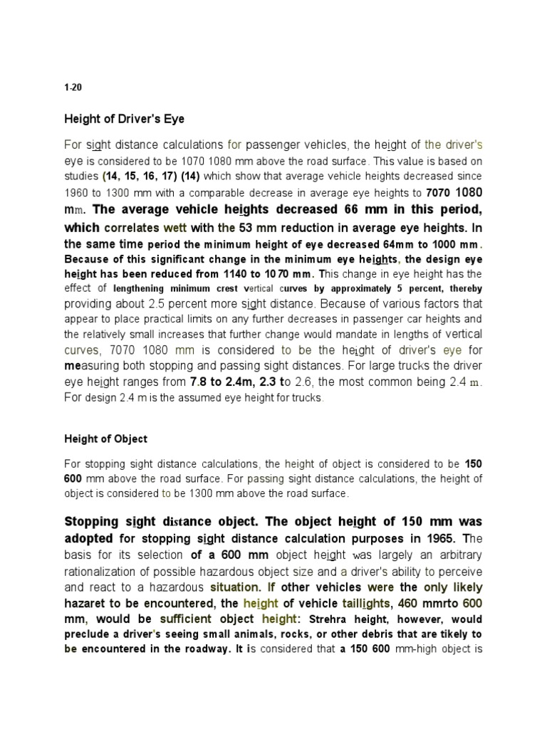 Height of Driver's Eye & Sight Distance Calculations | PDF | Headlamp ...