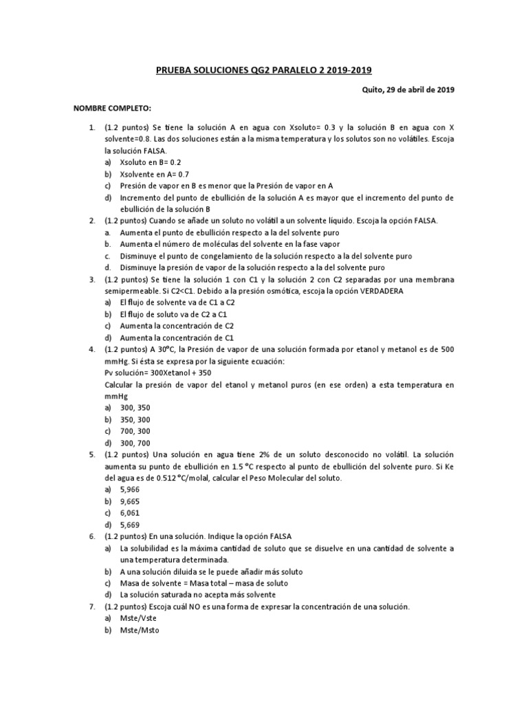 Prueba Soluciones qg2 Paralelo 2 2019 2019 | PDF | Concentración | Solvente